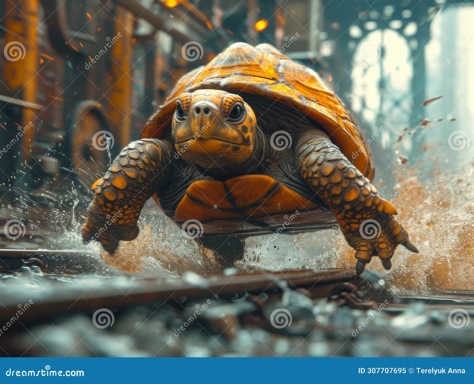 Large Turtle is Walking on the Rails. Concept of Speed Progress and Overcoming Difficulties ...