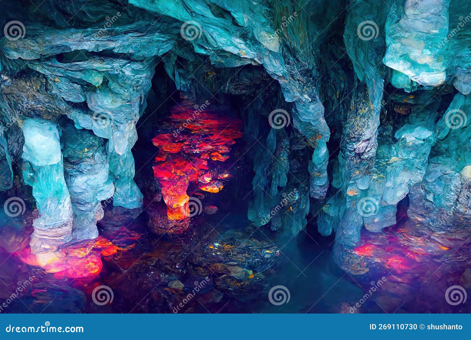 Large Underground Cave with a Rocky Path and Stream Feeding a Small ...