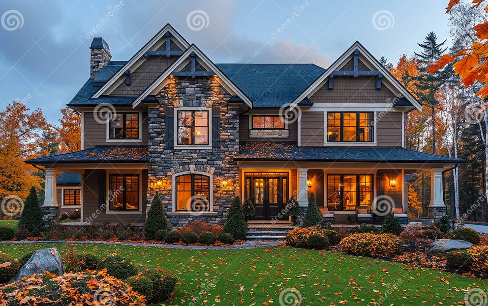 Large Upscale Home in the Suburbs at Dusk in the Fall. Stock Image ...