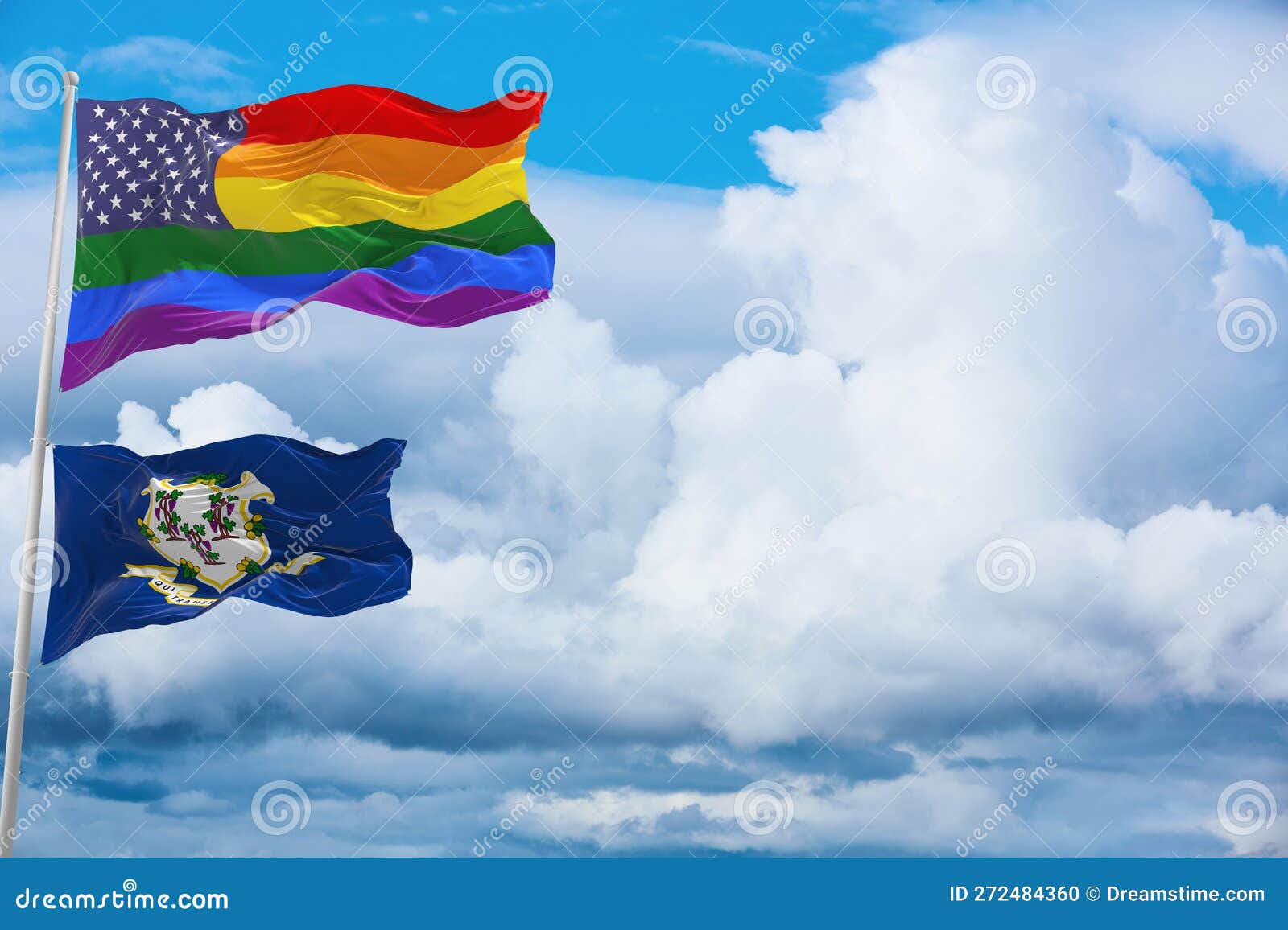 Large Us Lgbtqflag And Flag Of Connecticut State Usa Waving In Wind At