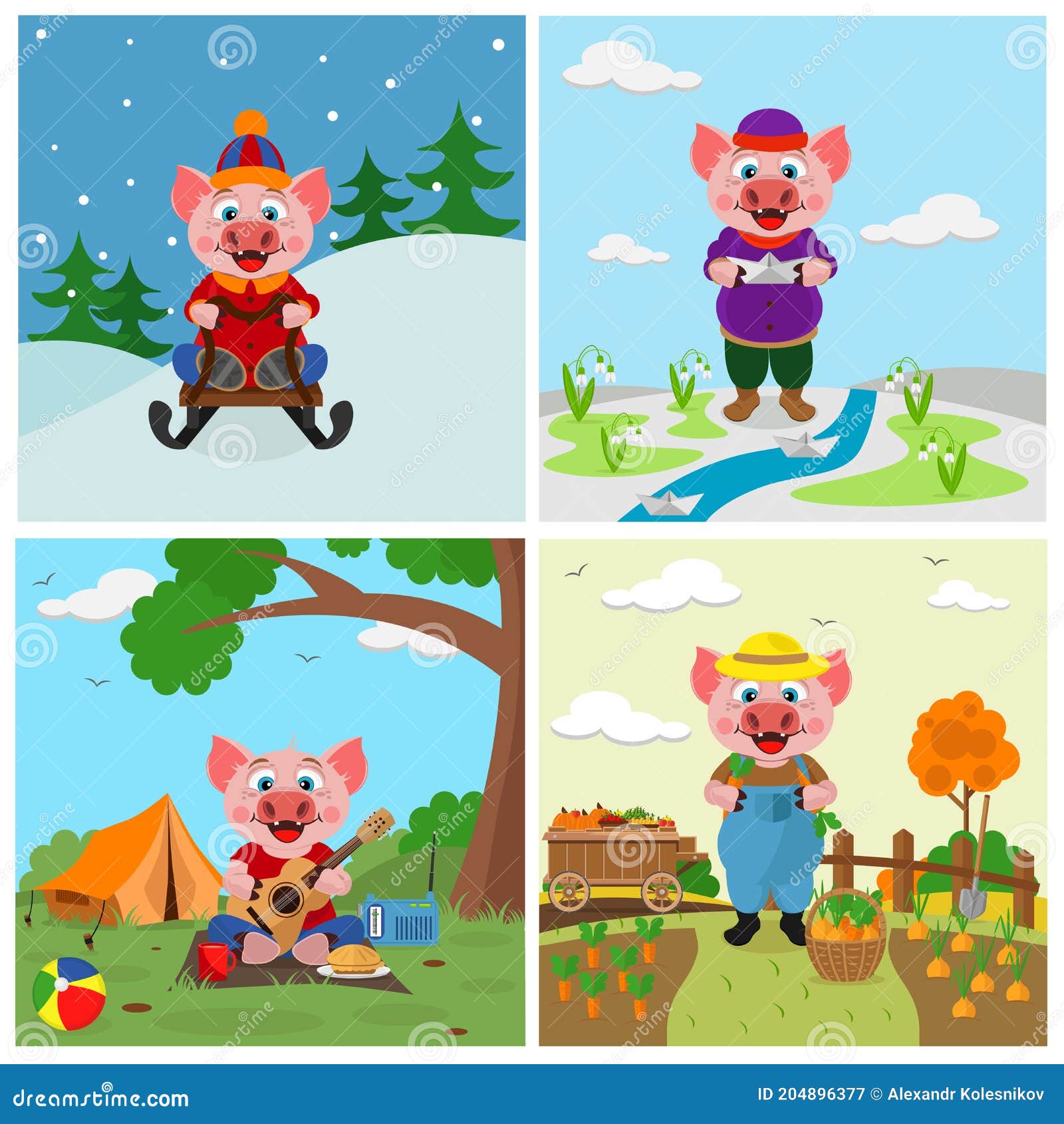 Large Vector Set Of Pigs. Pig In Different Seasons: Winter Summer ...