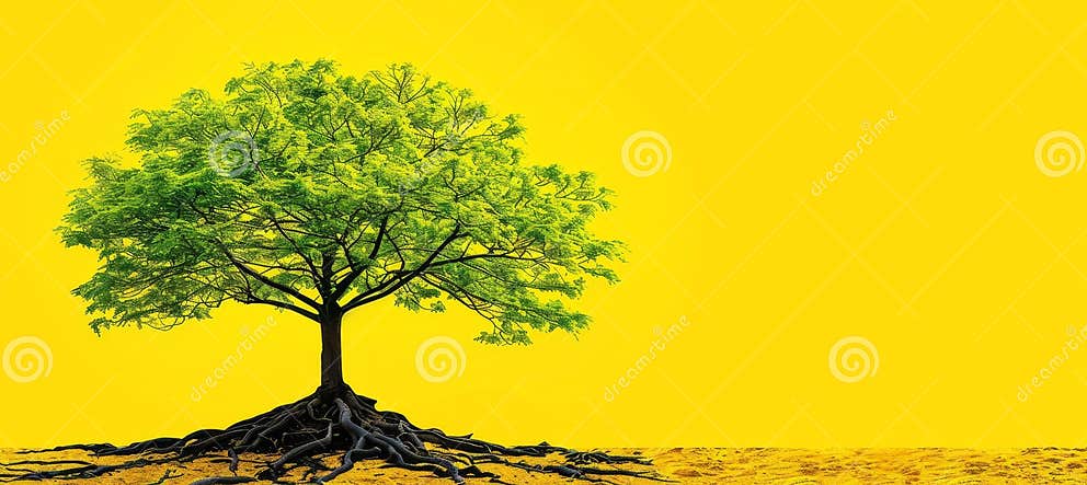 Large Verdant Tree with Visible Roots Below on Neutral Background with ...
