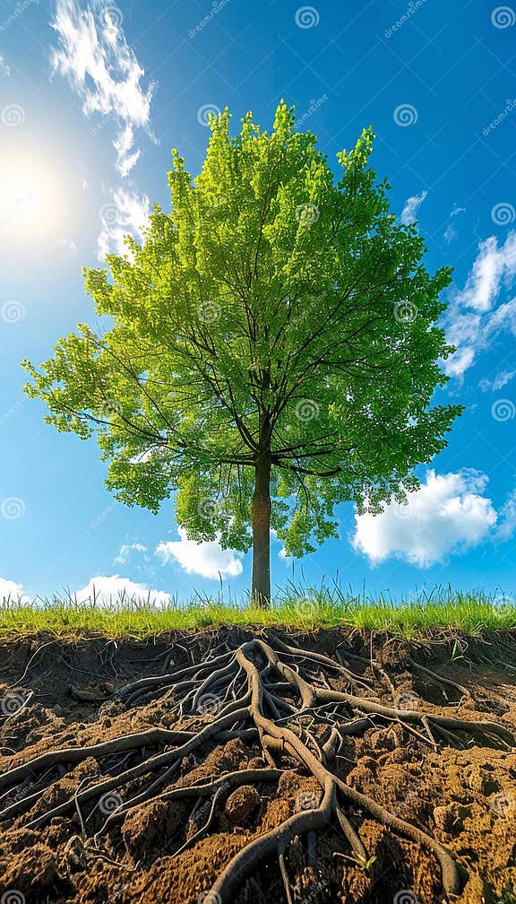 Large Verdant Tree with Visible Roots on Neutral Background, Ideal for ...