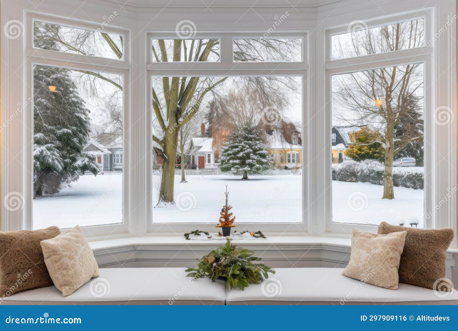 Large Victorian Bay Window with Snowy Yard View Stock Photo - Image of ...