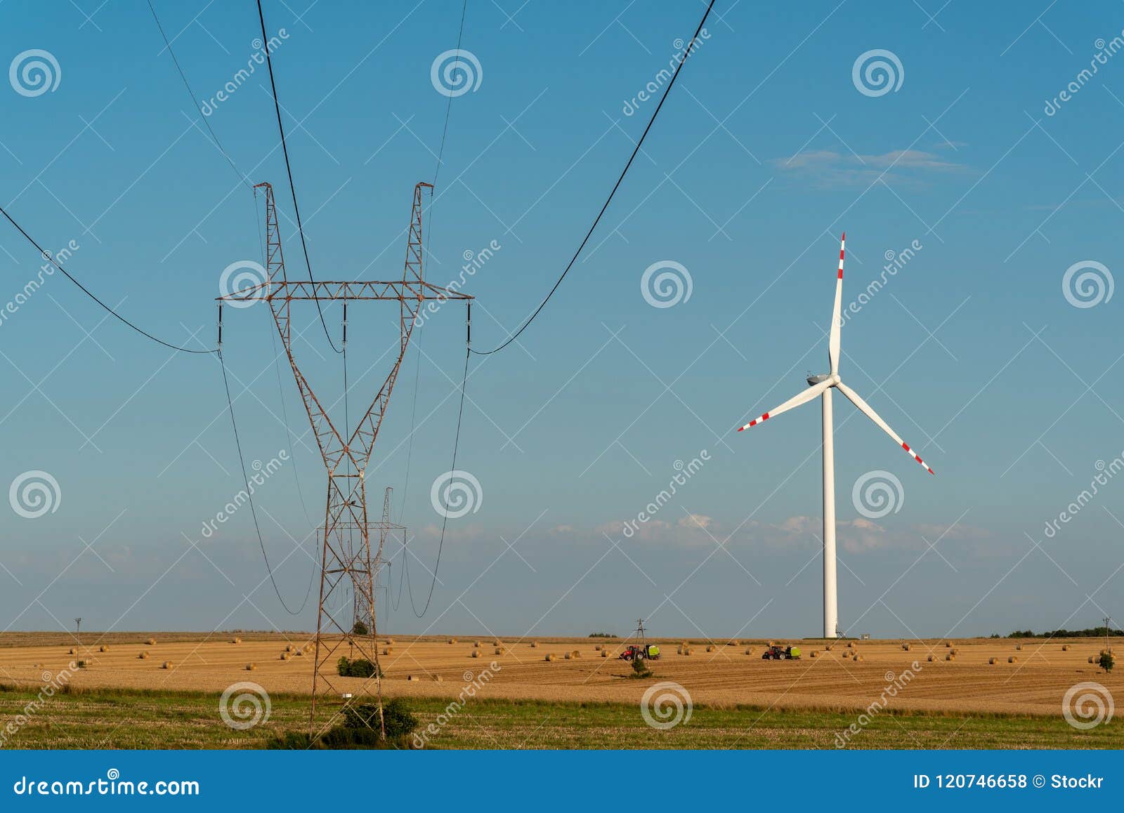 Windmill and Powerline on the Field Stock Photo - Image of botany, view ...
