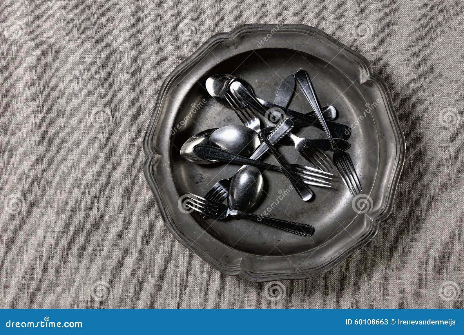 Large Vintage Tin Plate with Cutlery Stock Image - Image of silver ...