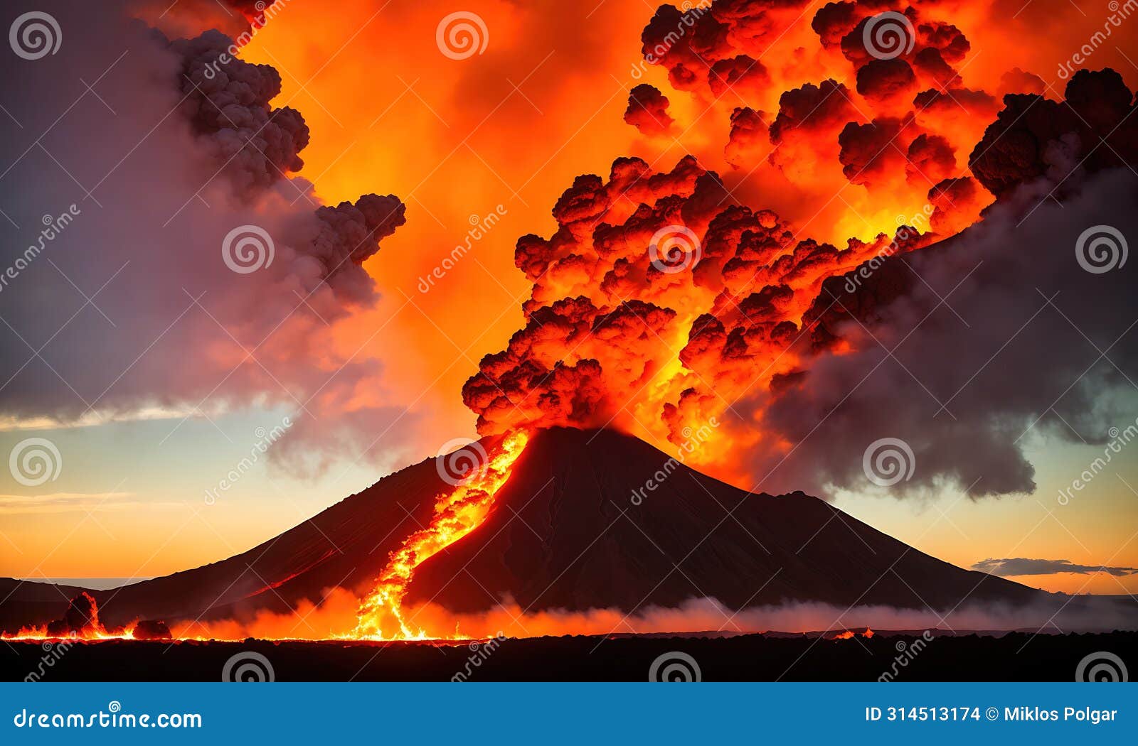 A Large Volcano Erupting with Lava Flowing Down Its Sides. the Sky is ... A Large Volcano Erupting with Lava Flowing Down Its Sides. the Sky is ...