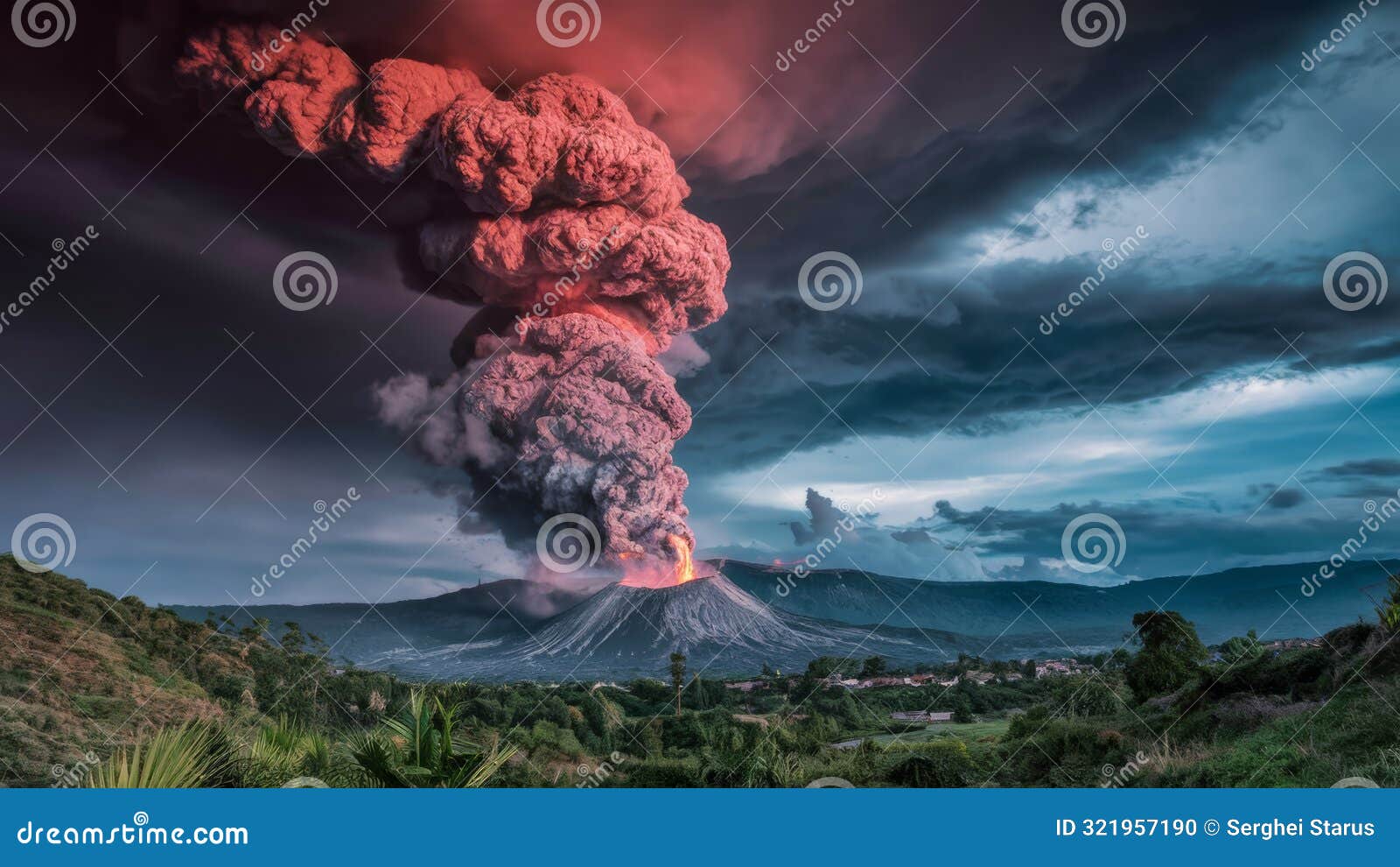A Large Volcano Erupts with a Red Cloud of Smoke, AI Stock Photo ...