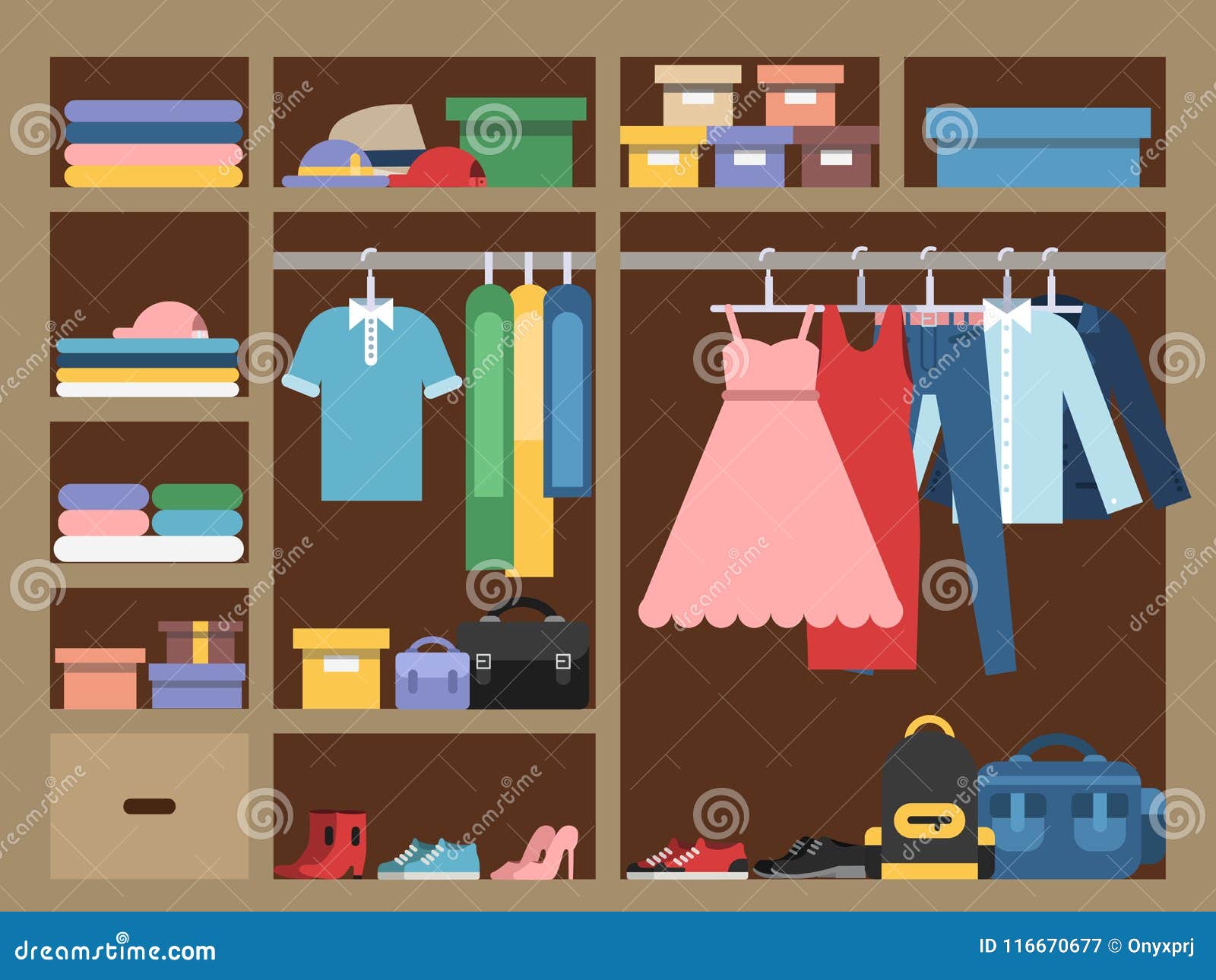 Large Wardrobe with Different Clothes. Vector Illustration in Flat ...