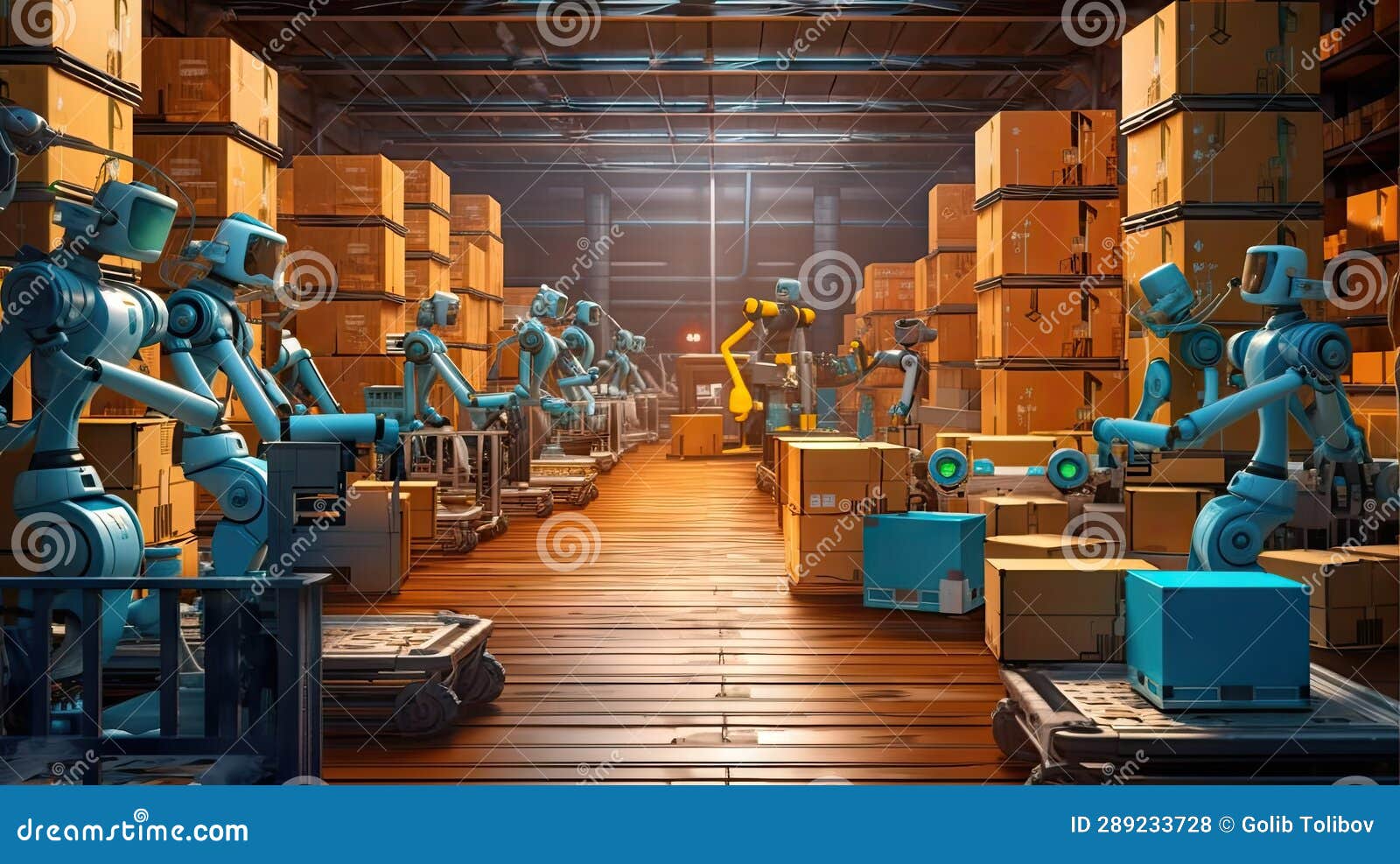 A Large Warehouse Filled with Robots and Boxes Stock Photo - Image of ...