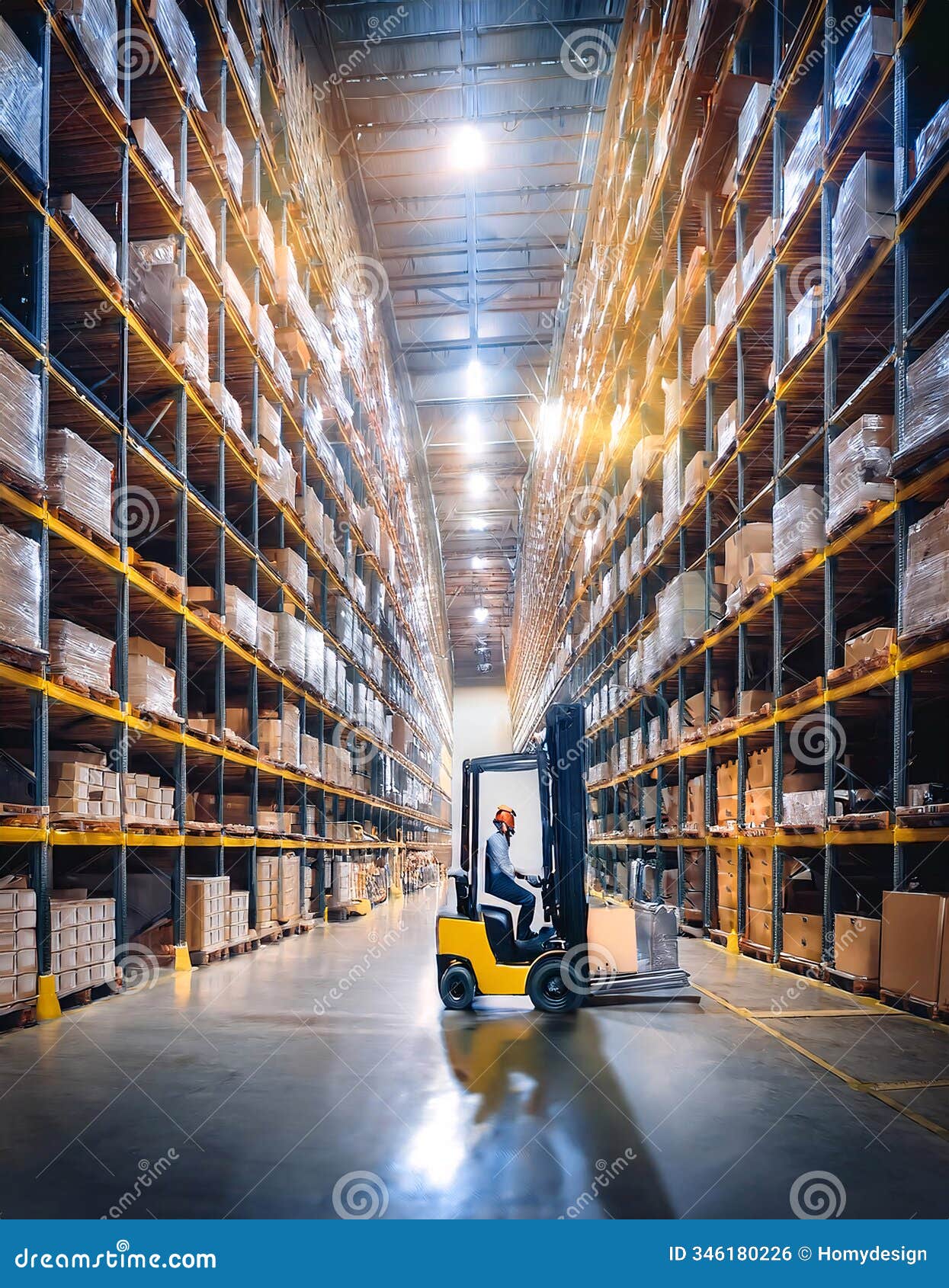 A Large Warehouse Filled with Stacked Pallets and a Forklift Operator ...