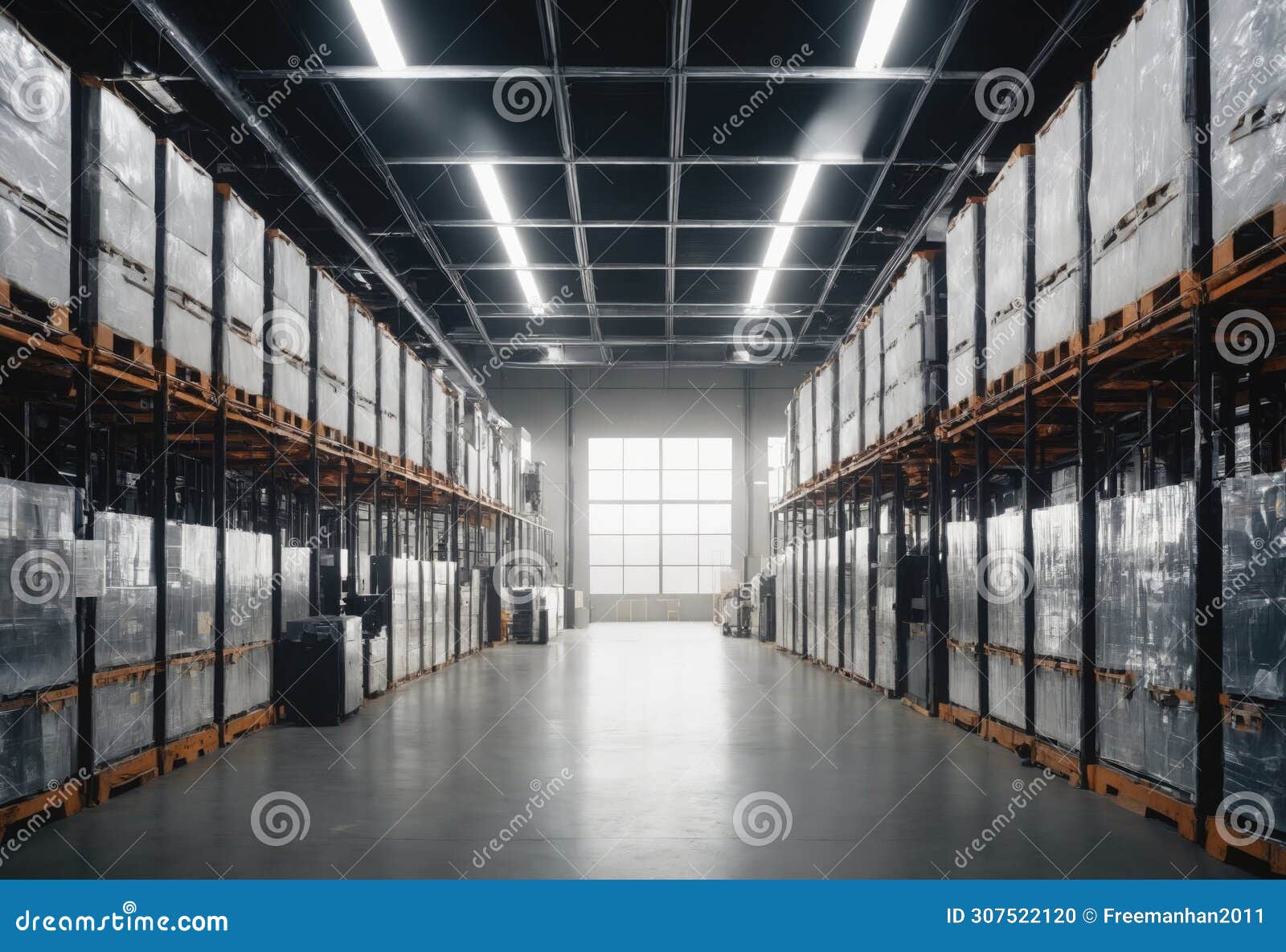 Large Warehouse Full of Packed Boxes with Light Exit at the End of ...