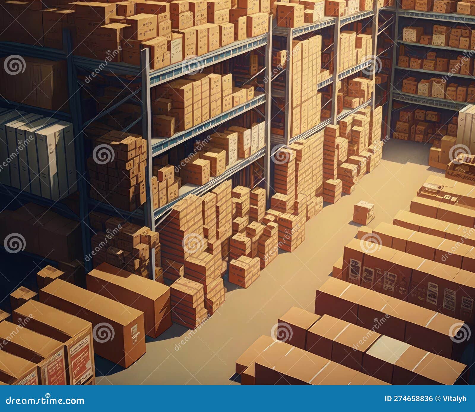 Large Warehouse Inside, Boxes are on the Shelves. Stock Illustration ...