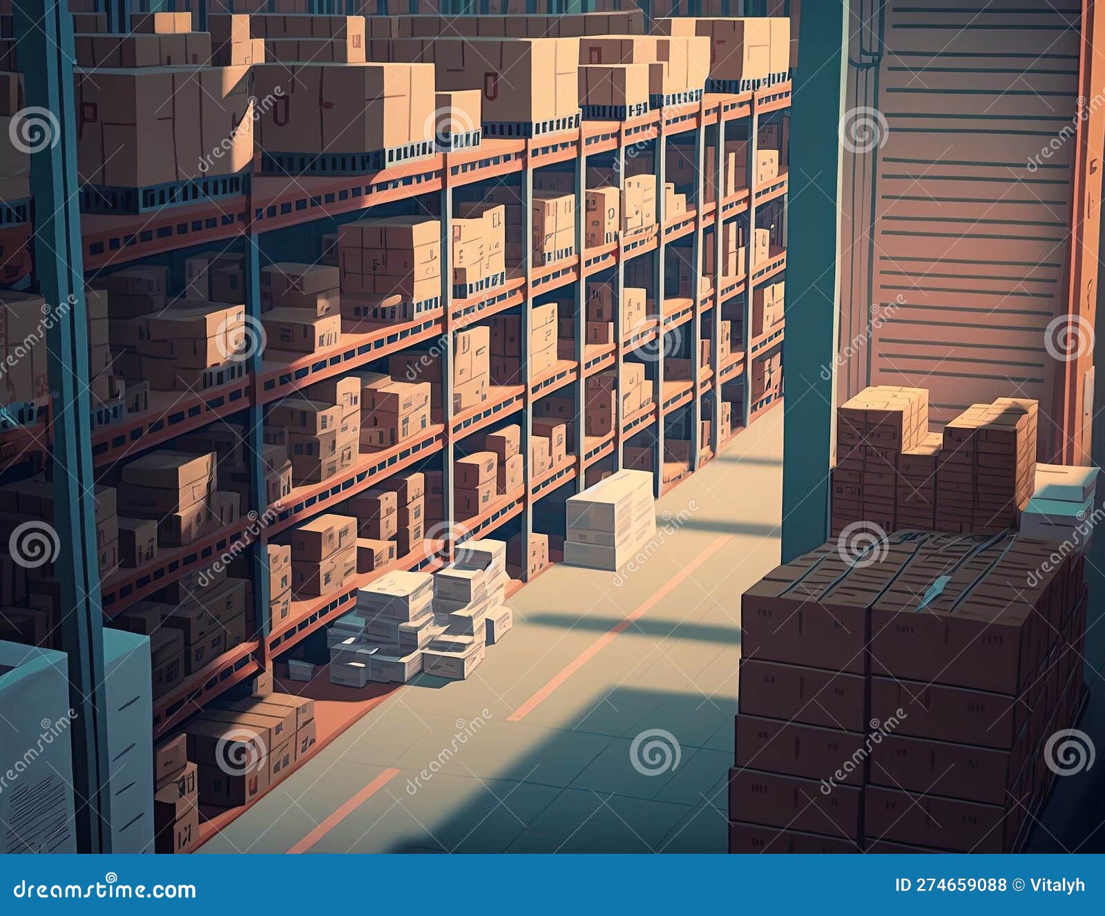 Large Warehouse Inside, Boxes are on the Shelves. Stock Illustration ...