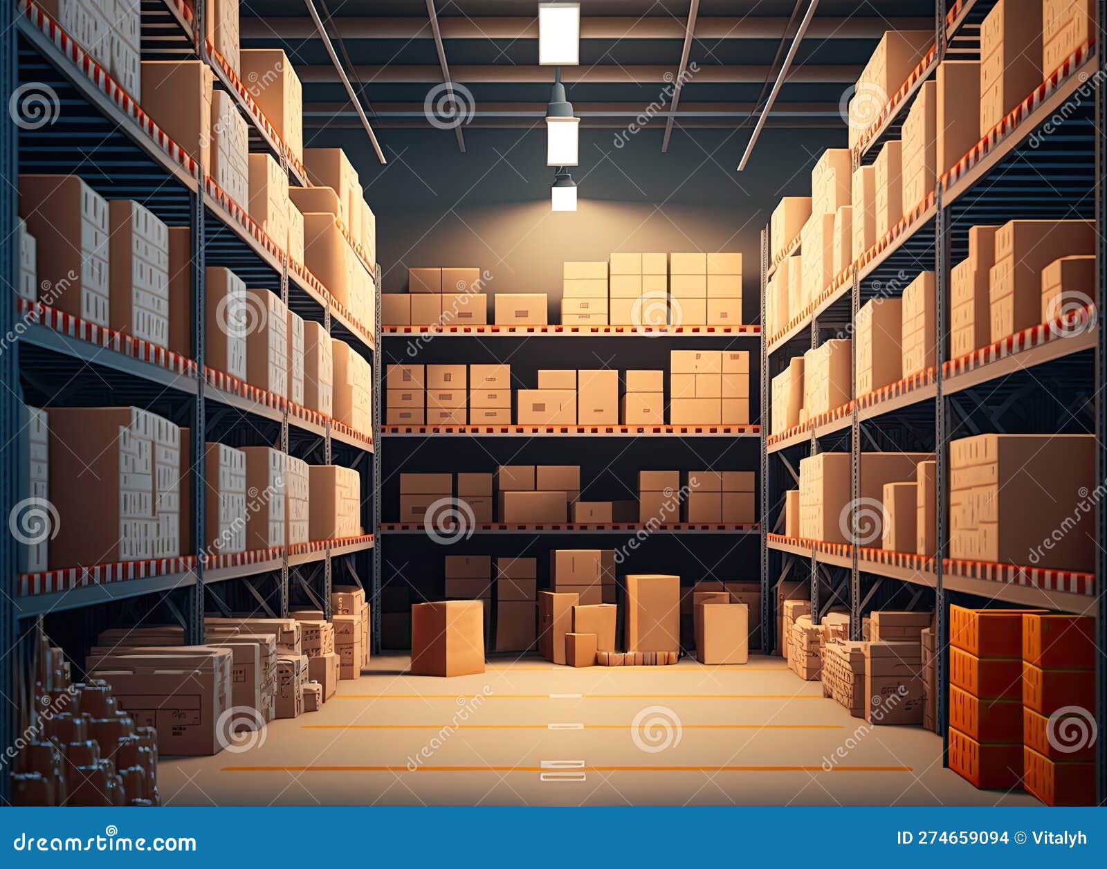 Large Warehouse Inside, Boxes are on the Shelves. Stock Illustration ...