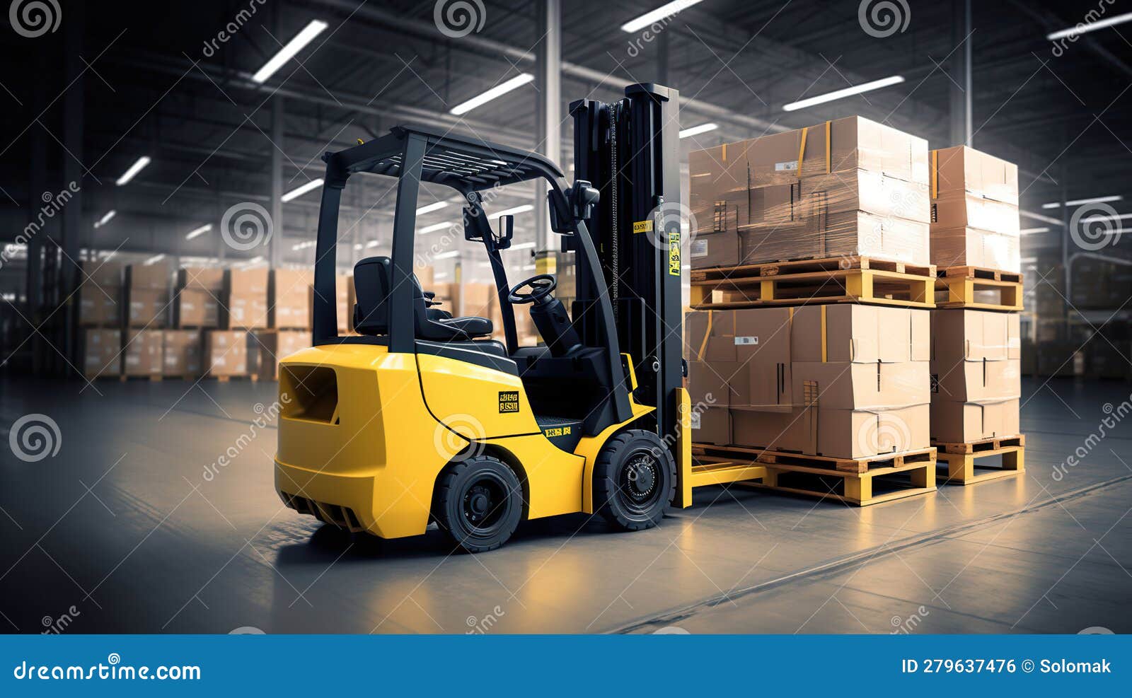 Large Warehouse with Machinery Forklift with Box on Pallet, Logistic ...