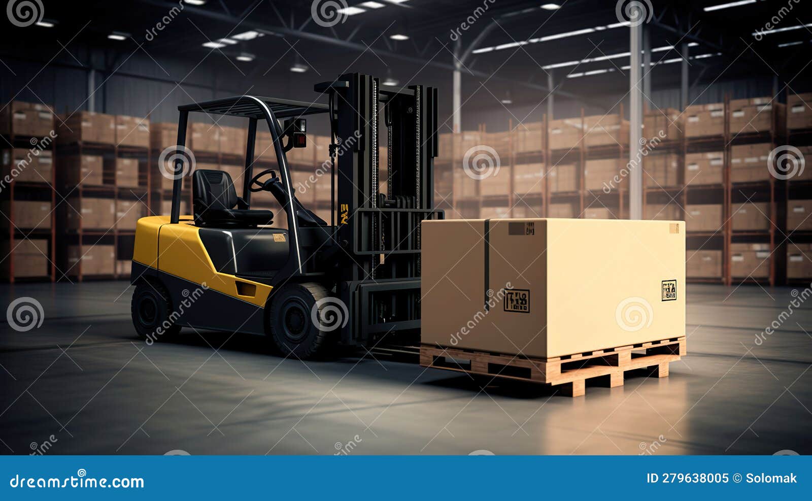 Large Warehouse with Machinery Forklift with Box on Pallet, Logistic ...