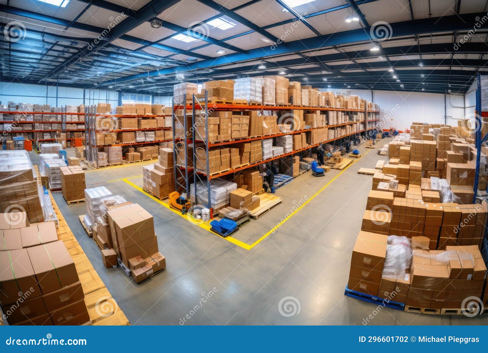 A Large Warehouse with Many Items and Rows of Shelves with Many Boxes ...