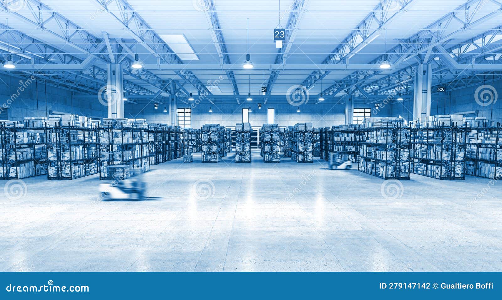 Large Warehouse Filled With Stacked Boxes And Forklifts Operating ...