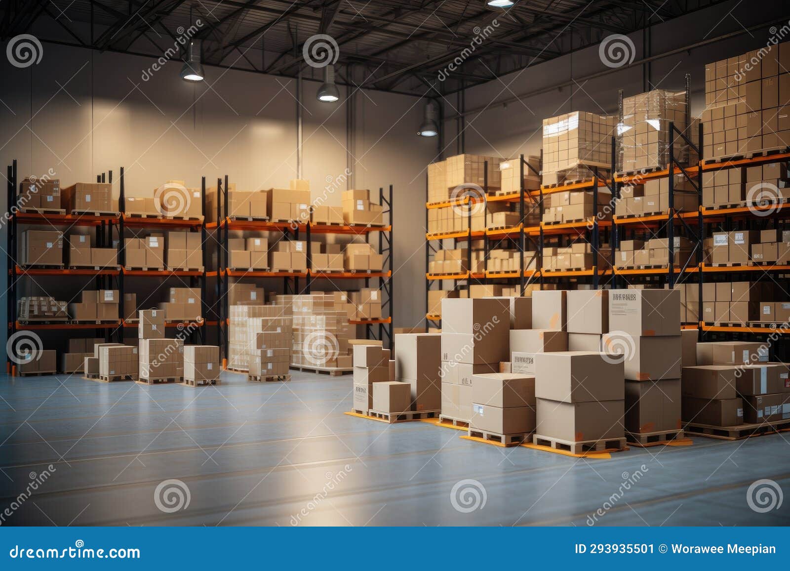 A Large Warehouse with Multiple Stacks of Boxes, Parcels, and a ...