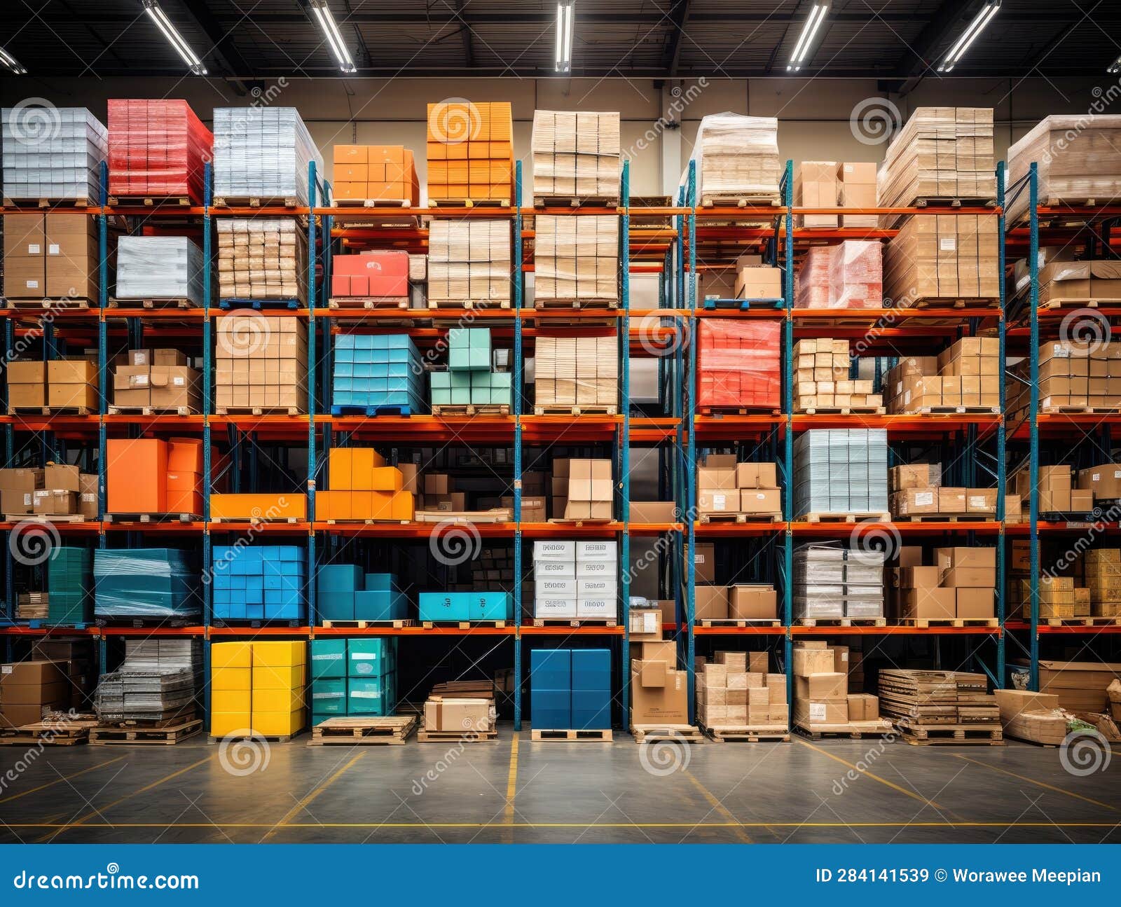 A Large Warehouse with Multiple Stacks of Boxes, Parcels, and a ...