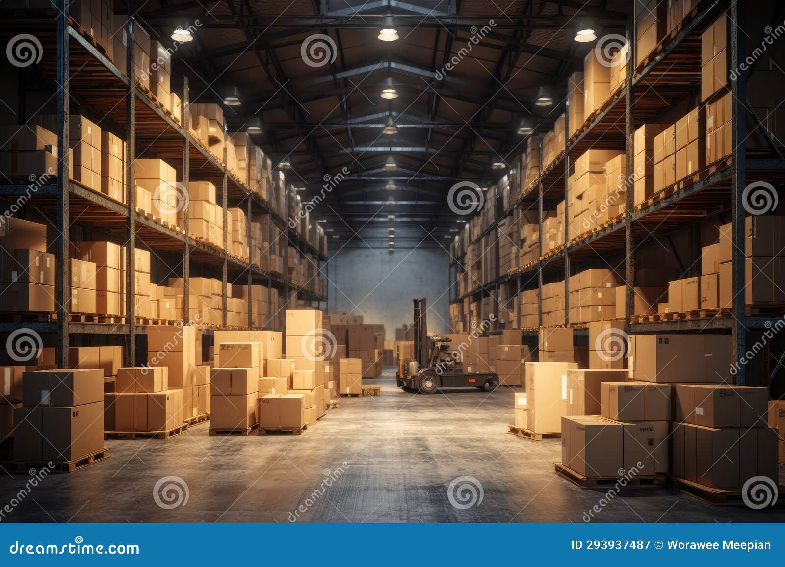 A Large Warehouse with Multiple Stacks of Boxes, Parcels, and a ...