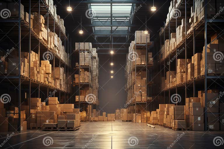A Large Warehouse with Multiple Stacks of Boxes, Parcels, and a ...