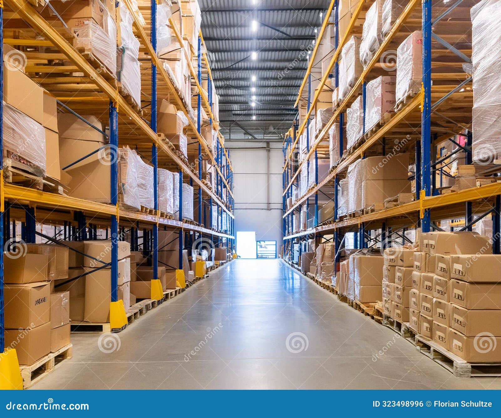 A Large Warehouse with Numerous Items. Rows of Shelves with Boxes Stock ...