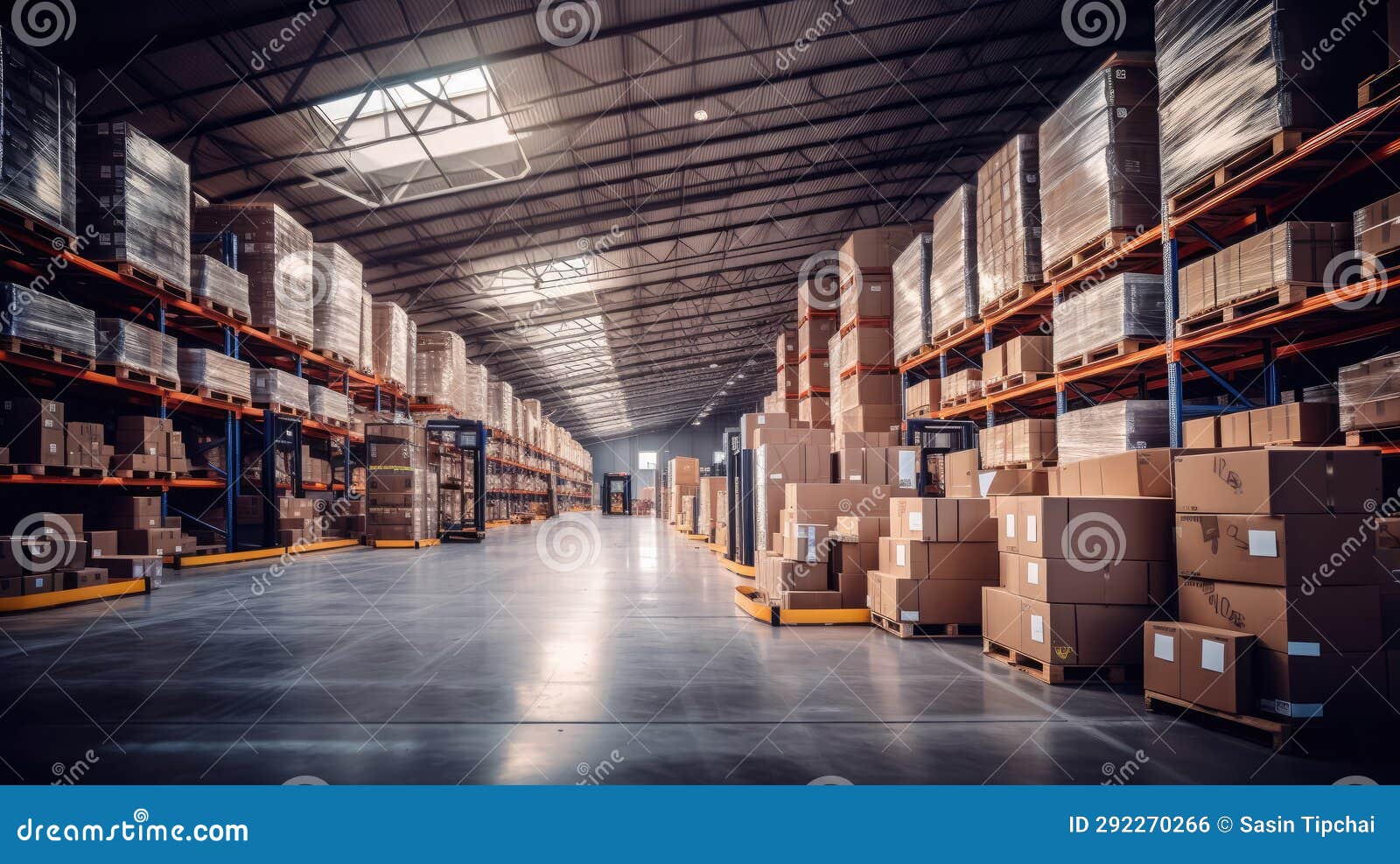 A Large Warehouse with Numerous Items. Rows of Shelves with Boxes ...