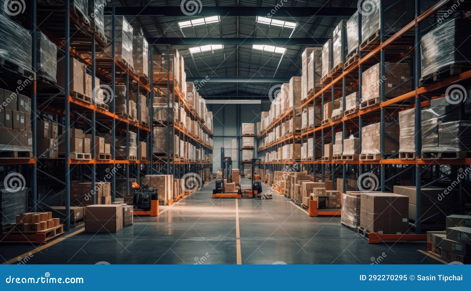 A Large Warehouse with Numerous Items. Rows of Shelves with Boxes ...