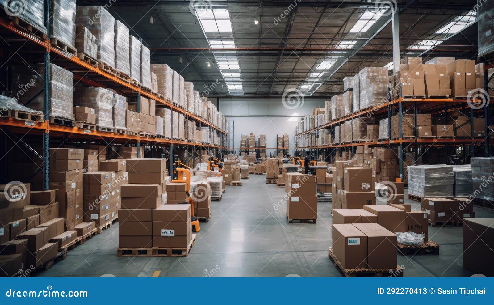 A Large Warehouse with Numerous Items. Rows of Shelves with Boxes ...
