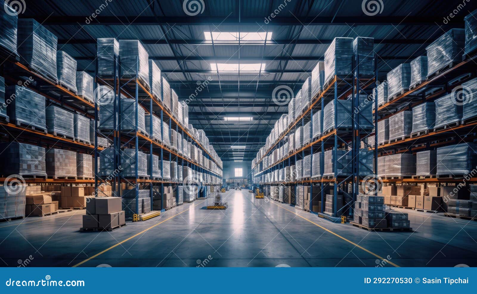A Large Warehouse with Numerous Items. Rows of Shelves with Boxes ...