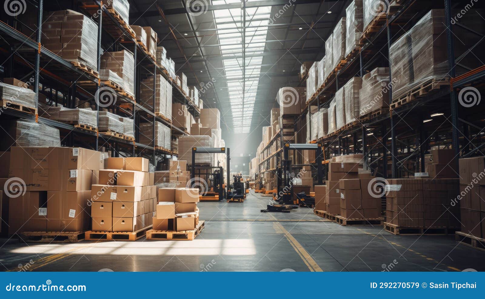 A Large Warehouse with Numerous Items. Rows of Shelves with Boxes ...
