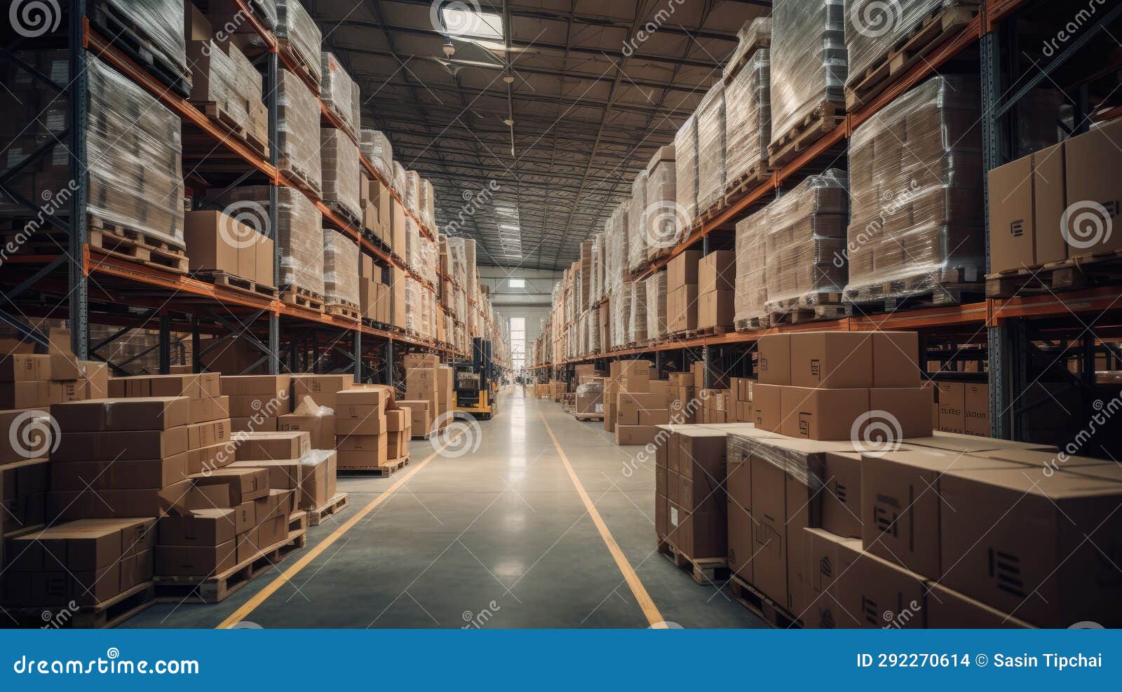 A Large Warehouse with Numerous Items. Rows of Shelves with Boxes ...