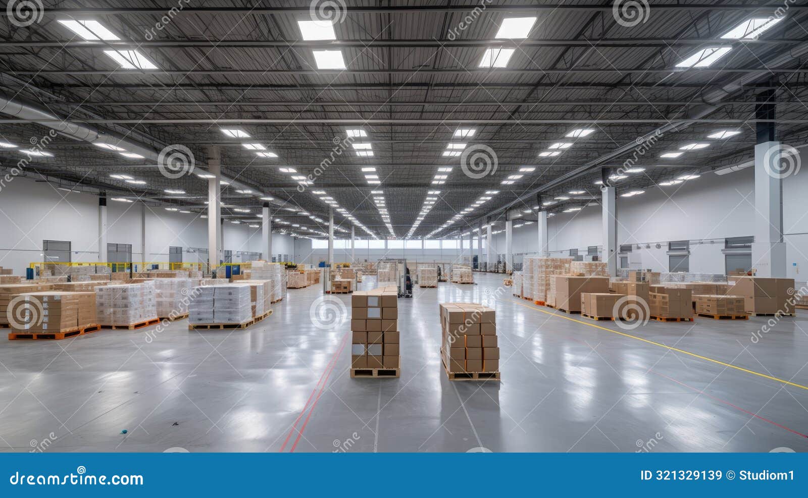 A Large Warehouse with Numerous Items. Rows of Shelves with Boxes ...