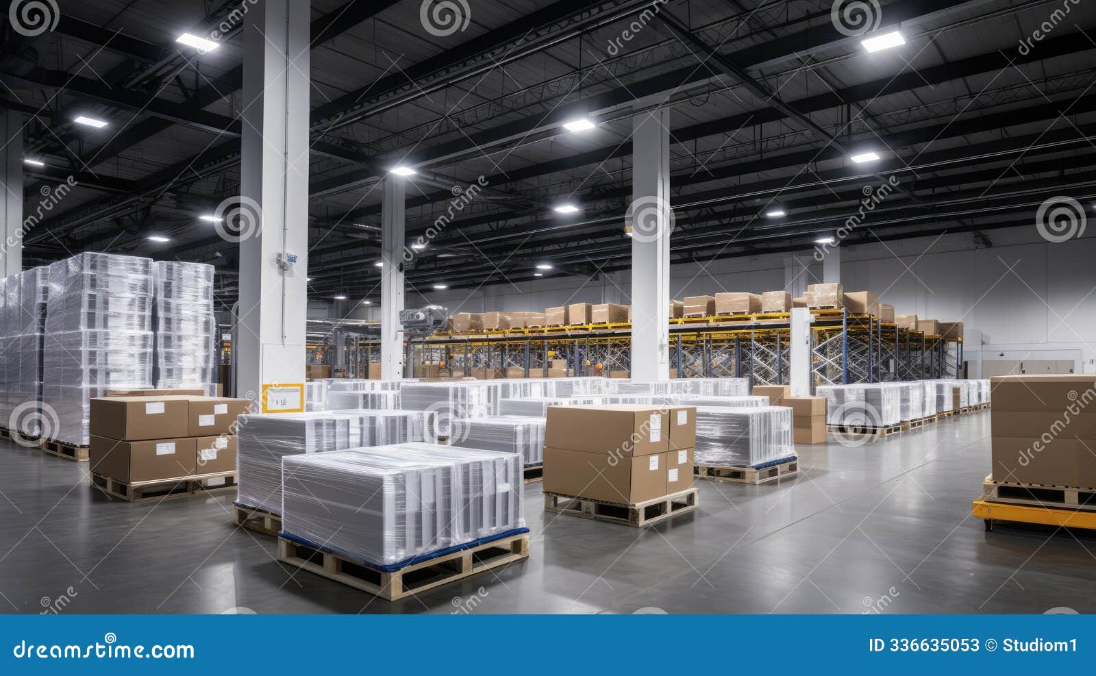 Large Warehouse Filled With Stacked Shipments And Pallets, Showcasing ...