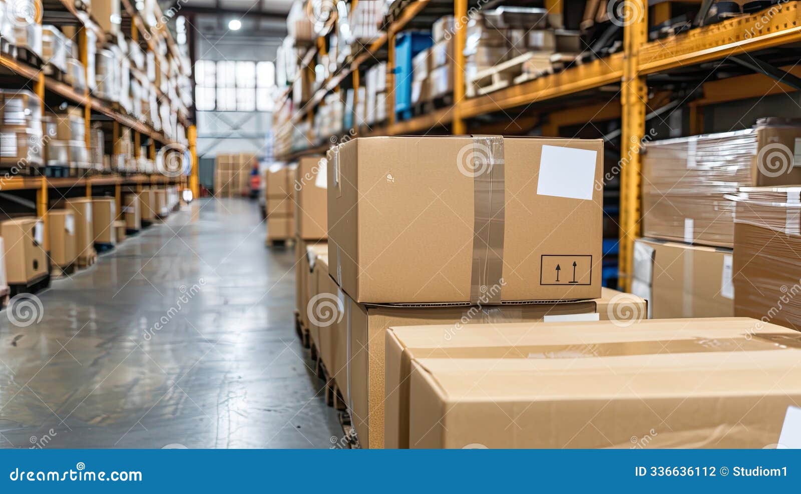 A Large Warehouse with Numerous Items. Rows of Shelves with Boxes ...