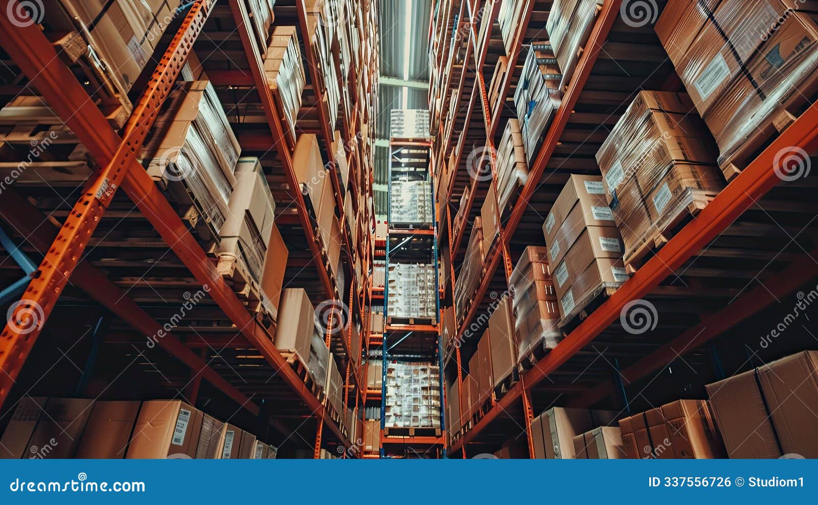 A Large Warehouse with Numerous Items. Rows of Shelves with Boxes ...