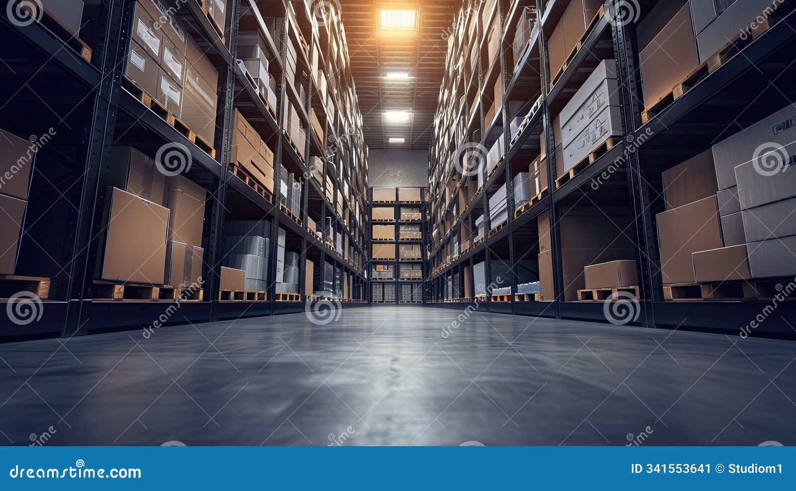 A Large Warehouse with Numerous Items. Rows of Shelves with Boxes ...