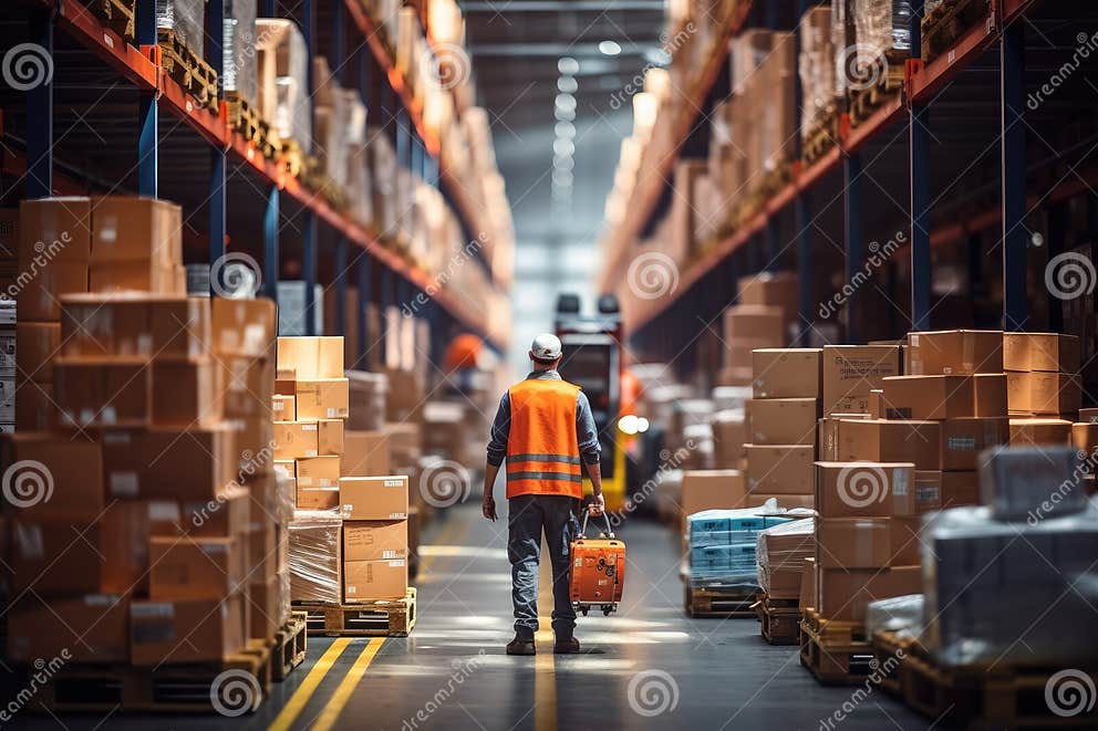 A Large Warehouse with Rows of Multiple Stacks of Boxes and Merchandise ...