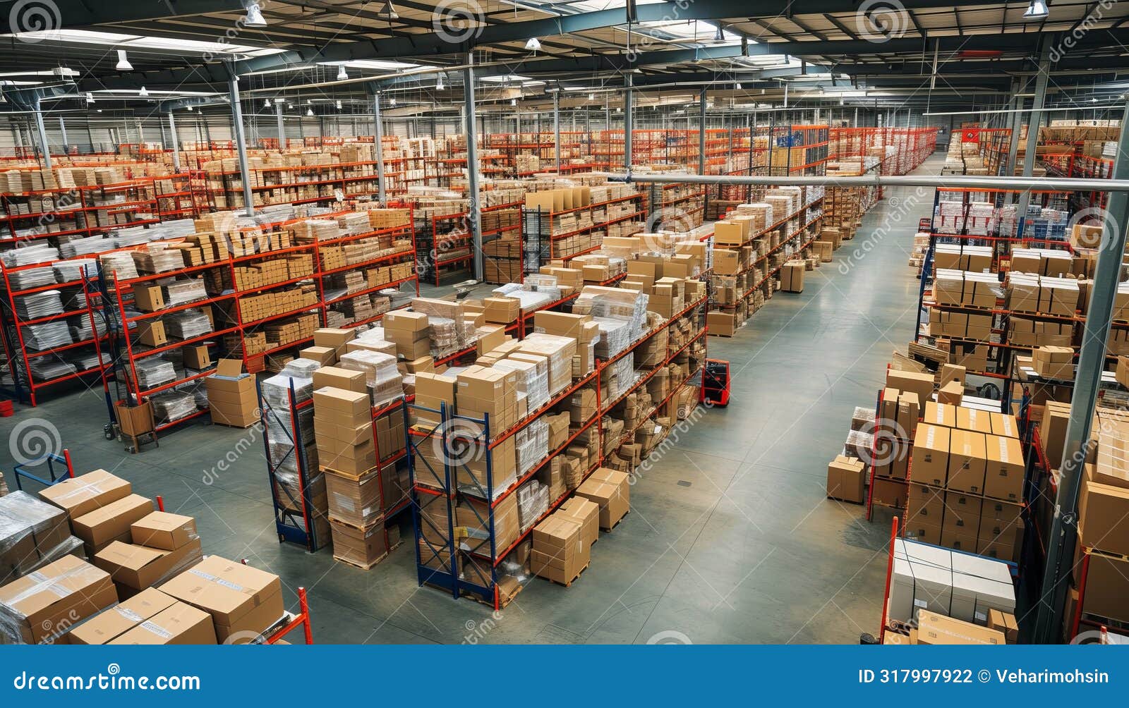 A Large Warehouse with Rows of Multiple Stacks of Boxes and Merchandise ...