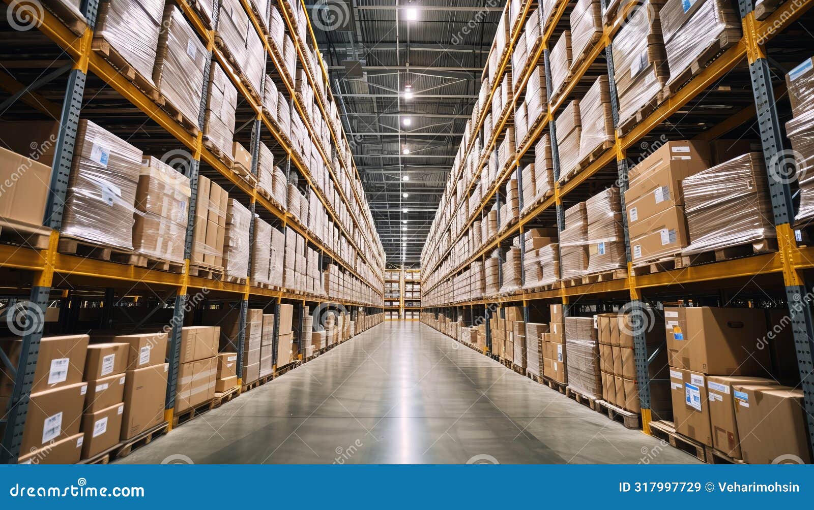 A Large Warehouse with Rows of Multiple Stacks of Boxes and Merchandise ...