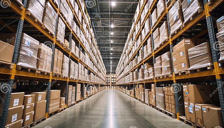 A Large Warehouse with Rows of Multiple Stacks of Boxes and Merchandise ...