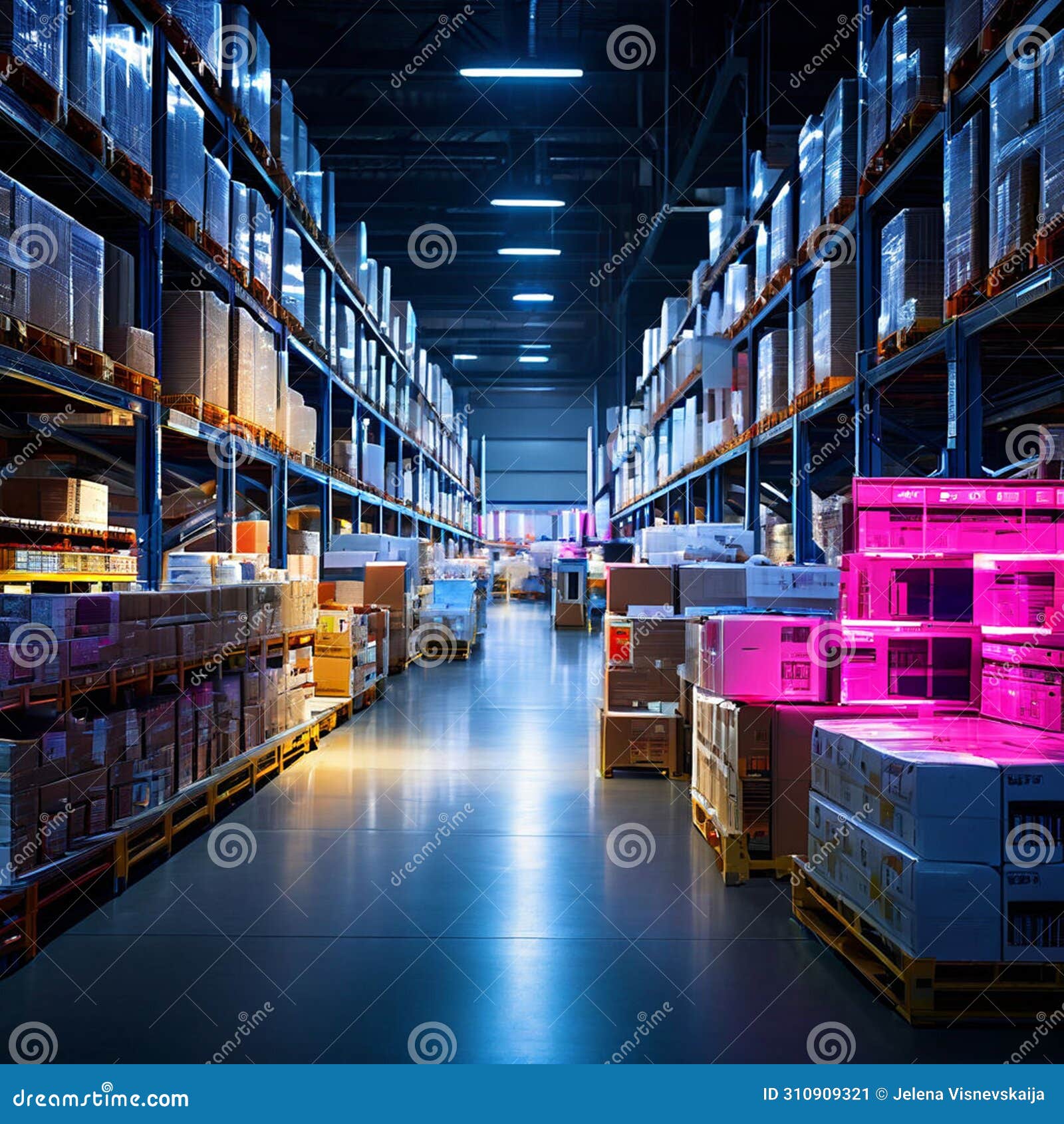 Large Warehouse with Rows of Shelves and Boxes. Stock Illustration ...
