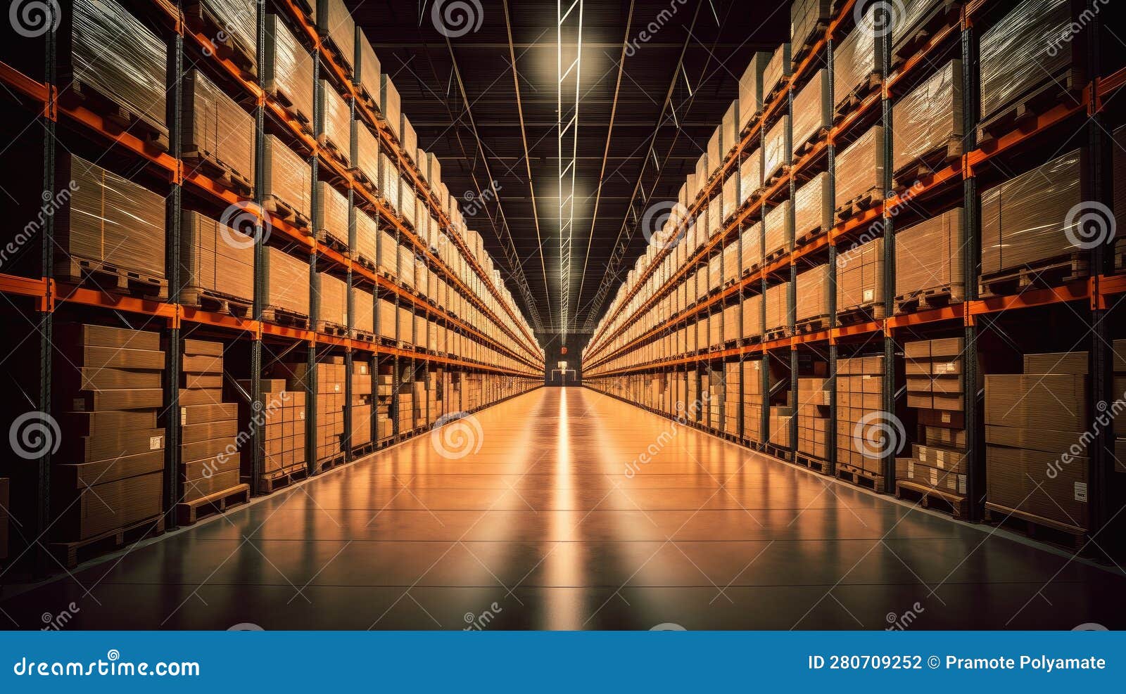 Warehouse With Rows Cardboard Boxes Stacked High, Illuminated By ...