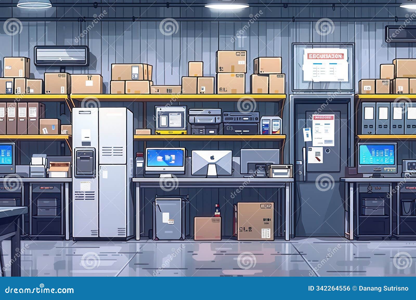 A Large Warehouse with Shelves Full of Boxes and Computers Stock Photo ...