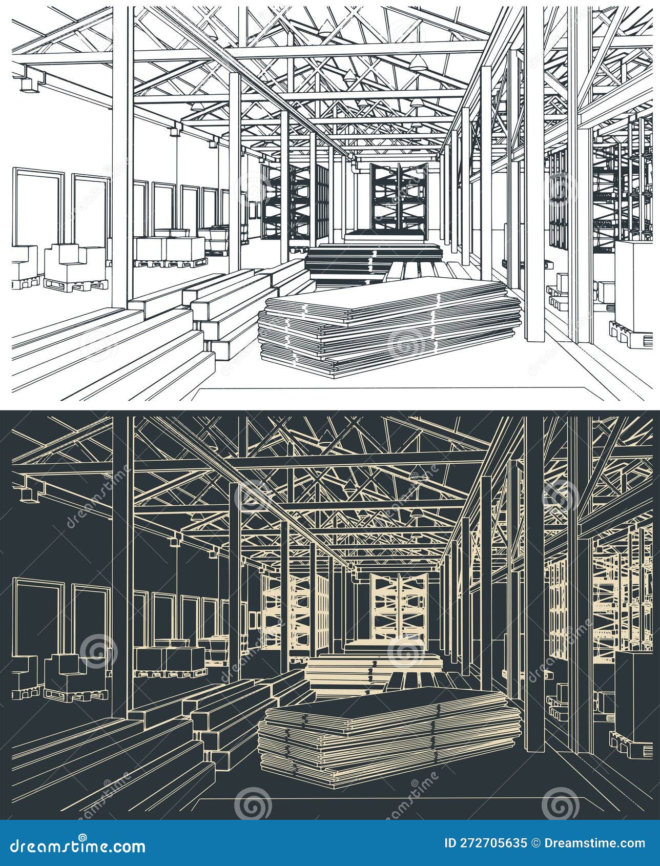 Large warehouse stock vector. Illustration of pallet - 272705635