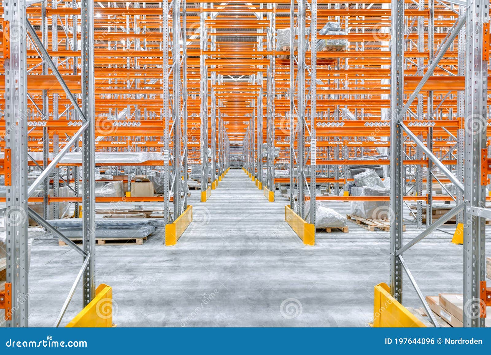 Large Warehouse. Tall and Long Metal Racks Filled with Various Boxes ...