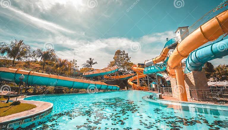 A Large Water Park With Slides And A Pool Stock Illustration