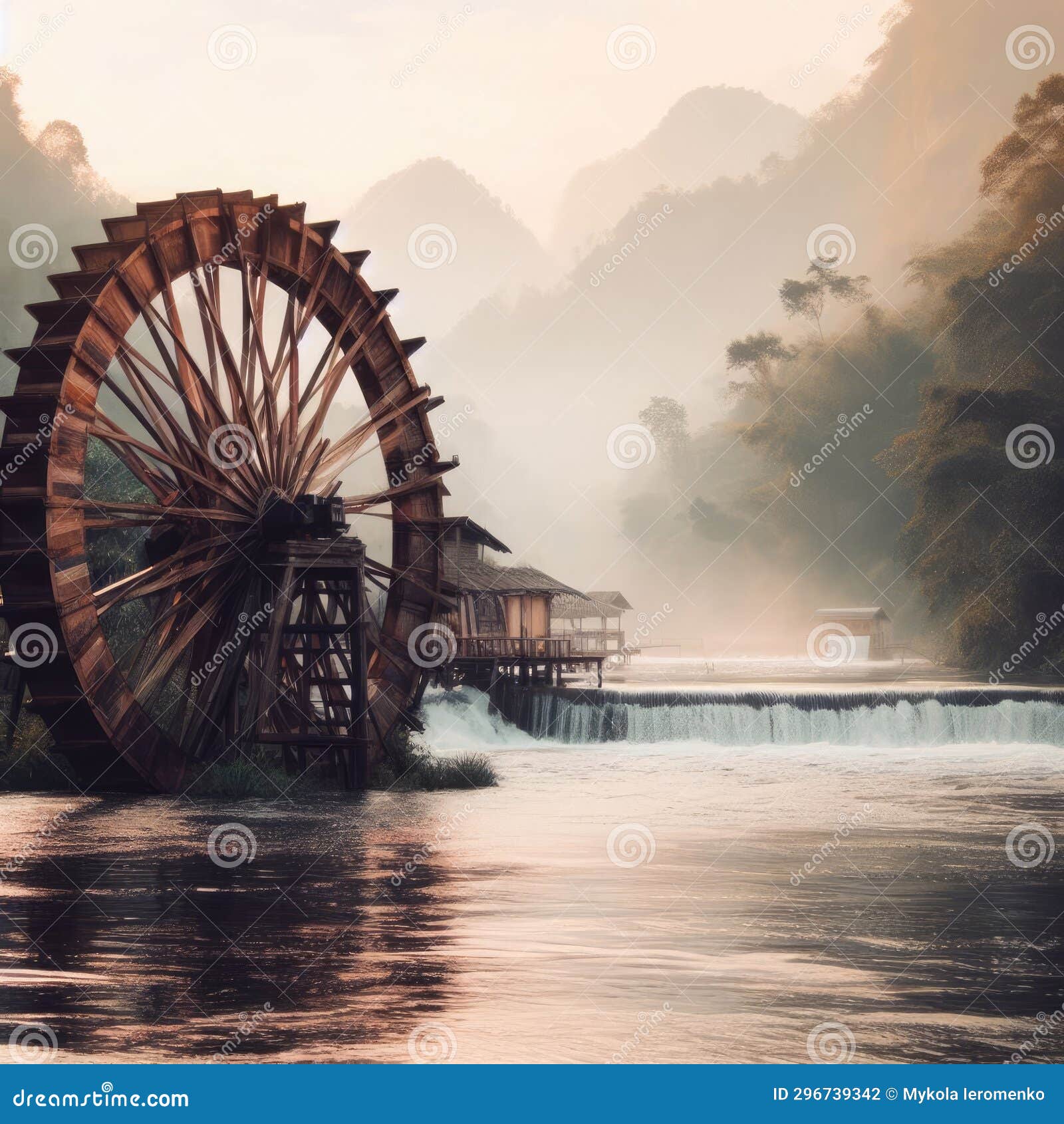 A Large Water Wheel Against the Background of a Flowing River. Stock ...